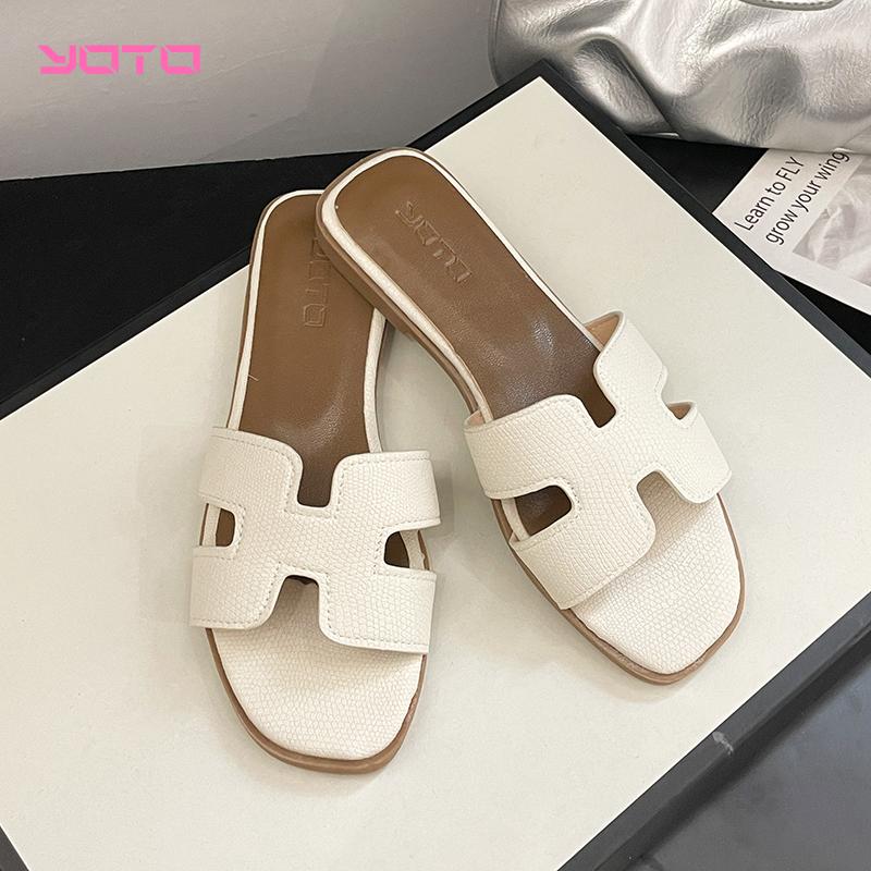 YOTO Ladies Slim Flat Flip flops Elegant Slides H Strap Leather ...