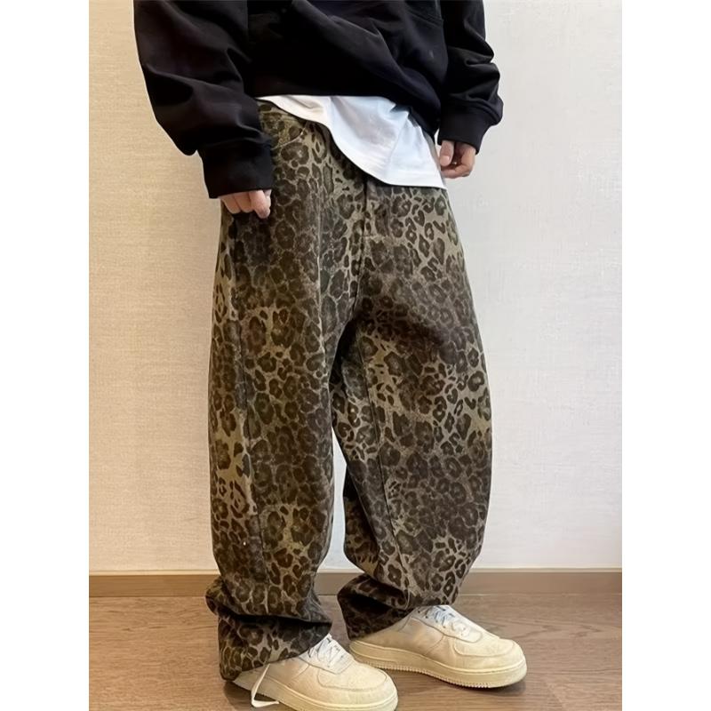 Men's American Retro Leopard Print Denim Pants - Loose Straight ...