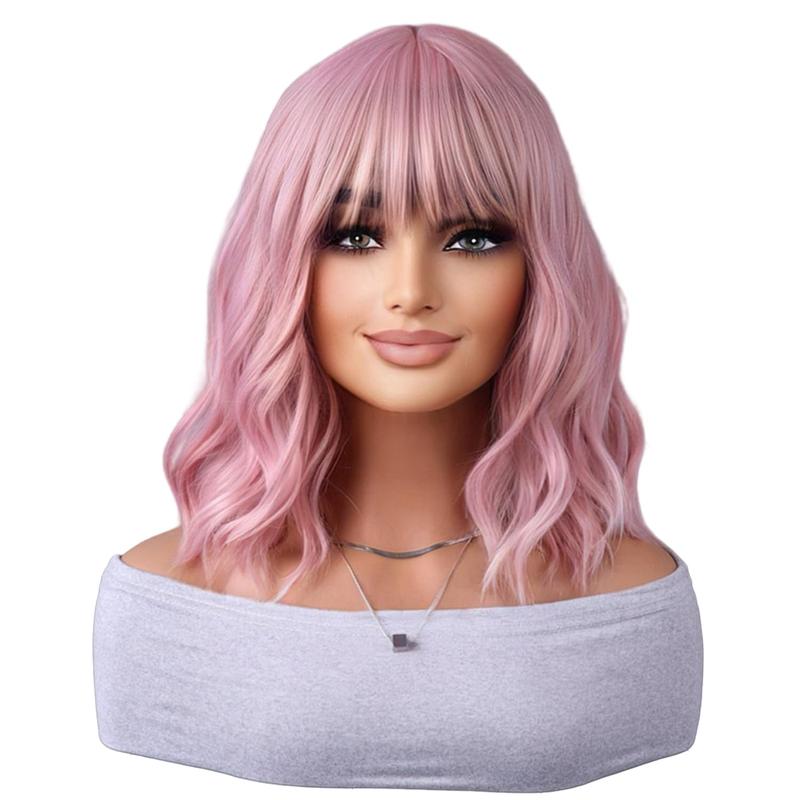 ANESHE Short Pink Bob Wavy Wig for Women 14 Inches Short Curly Pastel ...