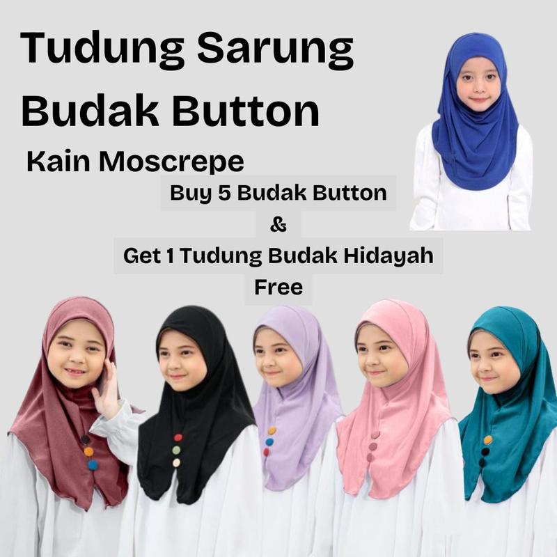 (Beli 5 Gift 1) Tudung Sarung Budak Button | kain Moscrepe Hijab ...