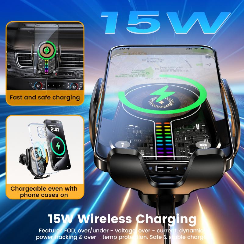 15W Fast Wireless Car Charger with Auto-Clamping Holder & Music ...
