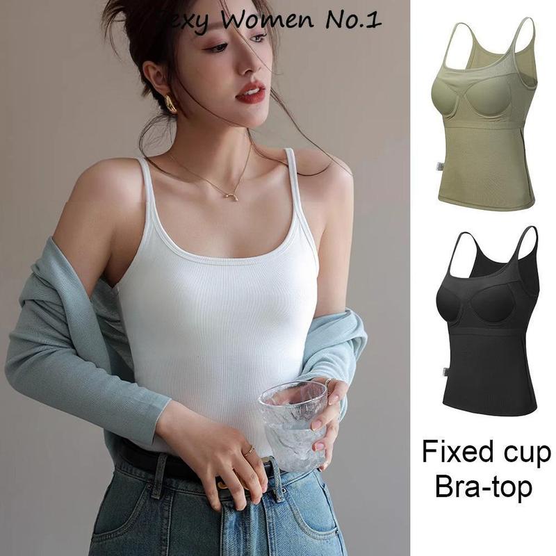 2 in 1 Cotton U-neck fixed-cup tank top, bra-top, basic white black ...