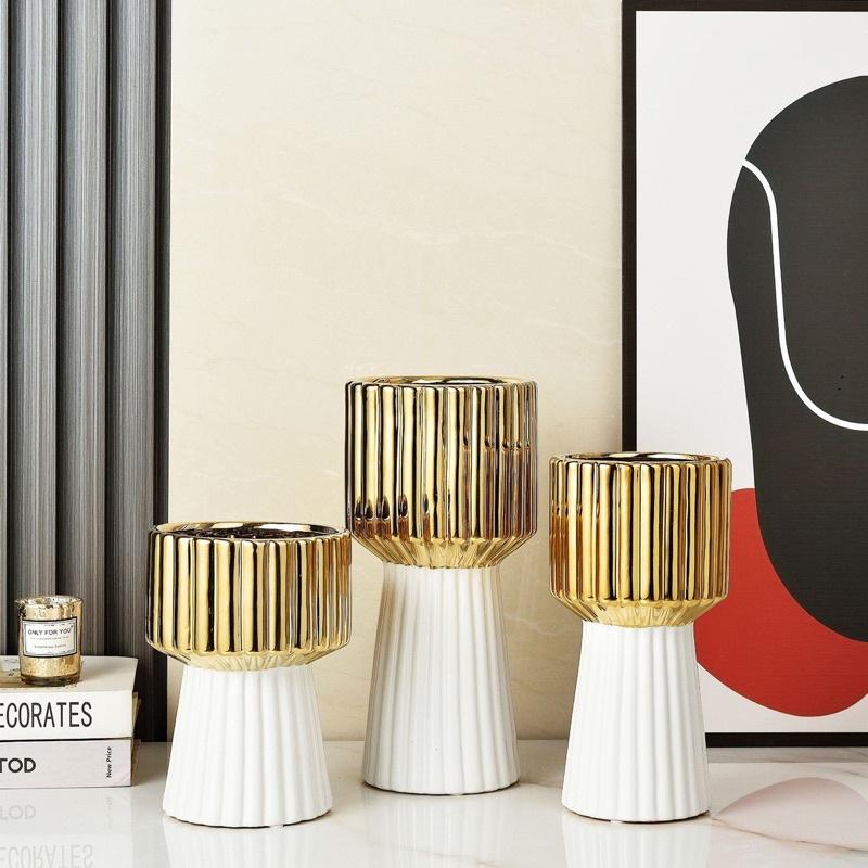 Zello Vase Gold Vas bunga keramik putih hitam gold cantik bergaris ...