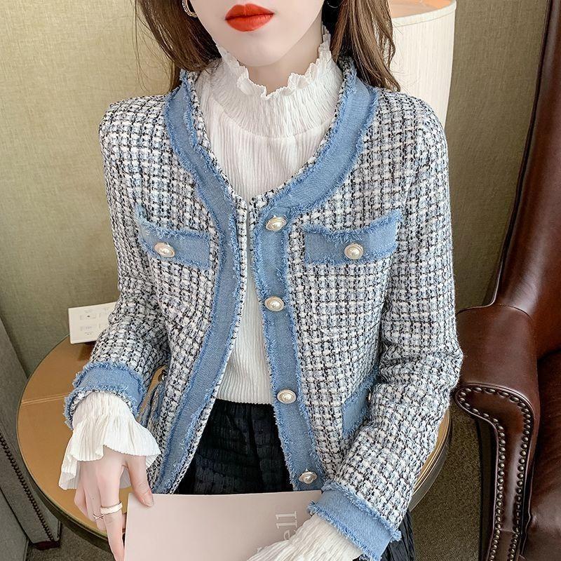 S-XL Women Blazer Jacket Short Blue Denim Jean Patchwork Plaid - TikTok ...