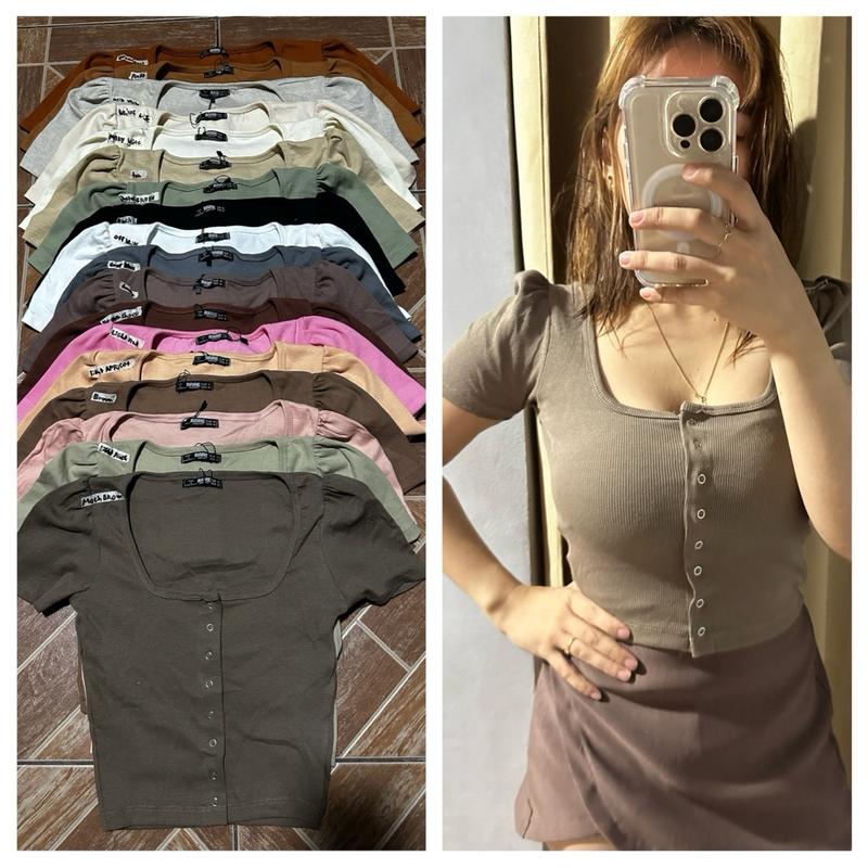 CHARLIE PUFFED SNAP BUTTON DOWN SQUARENECK SEMI CROP TOP RIBBED ...