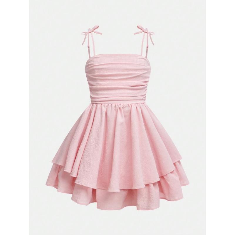 Tween Girl Woven Solid Color Bubble Pleated Double Layer Casual French ...