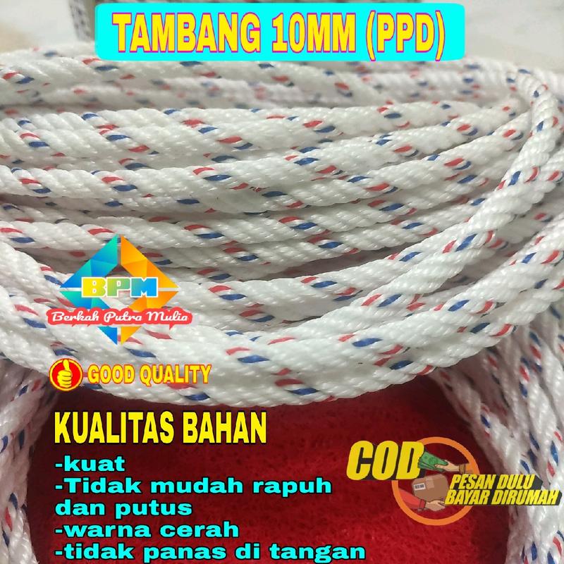 BPM Tali Tambang PPD 10mm 50 Meter Warna Merah Putih Biru Cerah Kuat ...