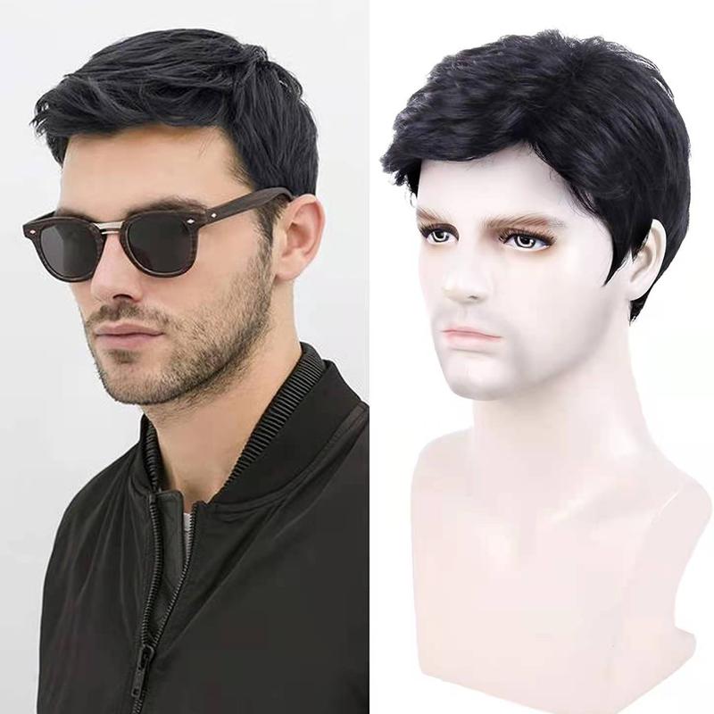 Cross-Border European and American Men's Wig Black Chemical Fiber ...