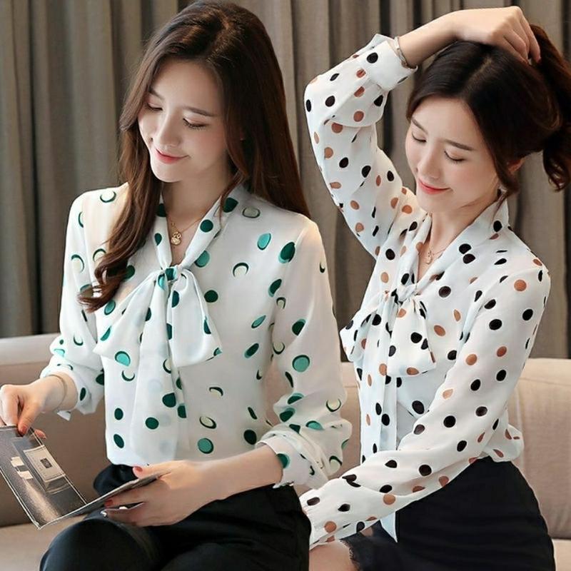 Kemeja Lengan Panjang Wanita, Baju Atasan Serbaguna Cetakan Polka Dot ...