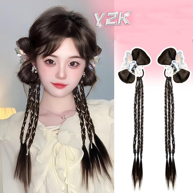 Y2K Hotties Girl Color Bowknot Clip-on Wig Natural Fluffy Boxing ...