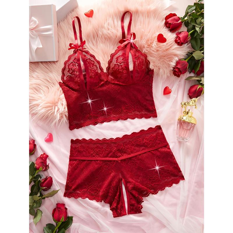 Sexy Floral Lace Sexy Lingerie Set, Hollow Bow Bra & Open Crotch ...