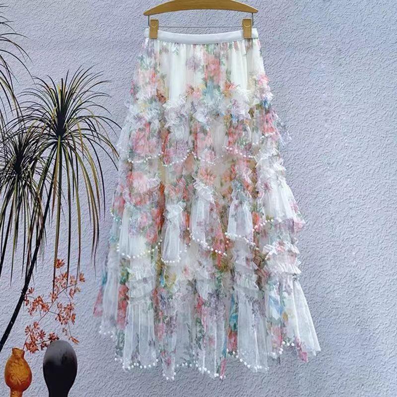 Skirt Jala Tampalan Renda, Cetakan Manik Berat, Pinggang Tinggi ...