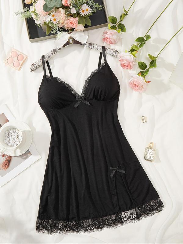 Women's Contrast Lace Bow Decor Split Thigh Cami Nightdress, - TikTok Shop