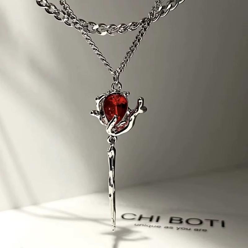 Kalung Loket Mawar Zirkon Merah, Lapisan Dua, Kalung Rantai Batu ...