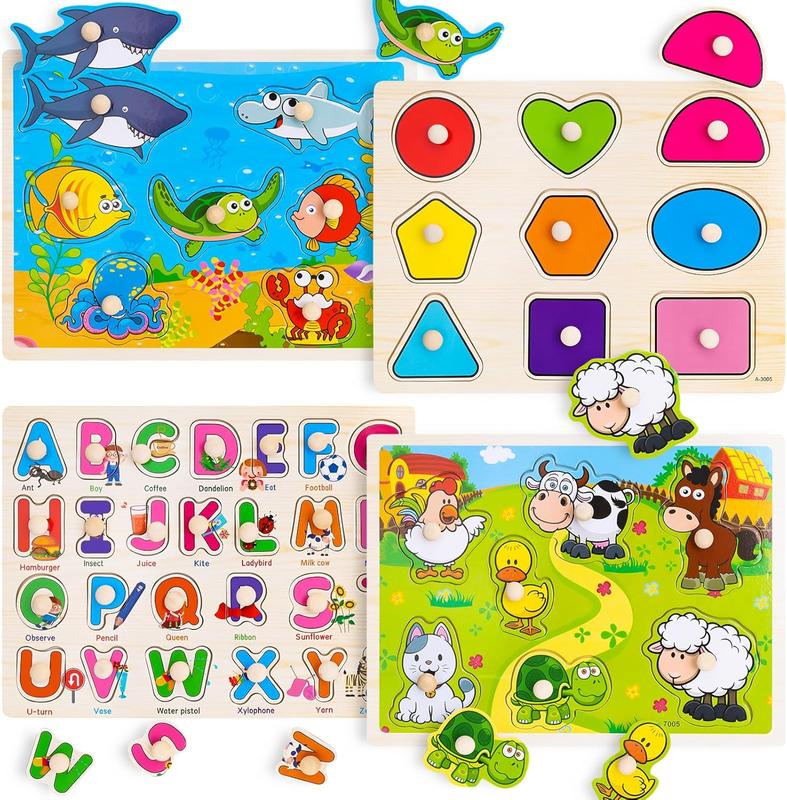 TikTok Shop Wooden Peg Puzzles for Toddlers 2 3 4 Year Old 4 Pack Montessori Toys Preschool Learning Puzzles for Toddlers 1 3 with Animals Shapes Alphabet Wooden Toddler Toys Gifts for Kids Boys Girls