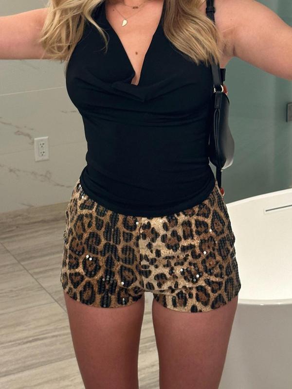 Women's Leopard Print Sequins Shorts, Casual Comfy Skinny Shorts for ...
