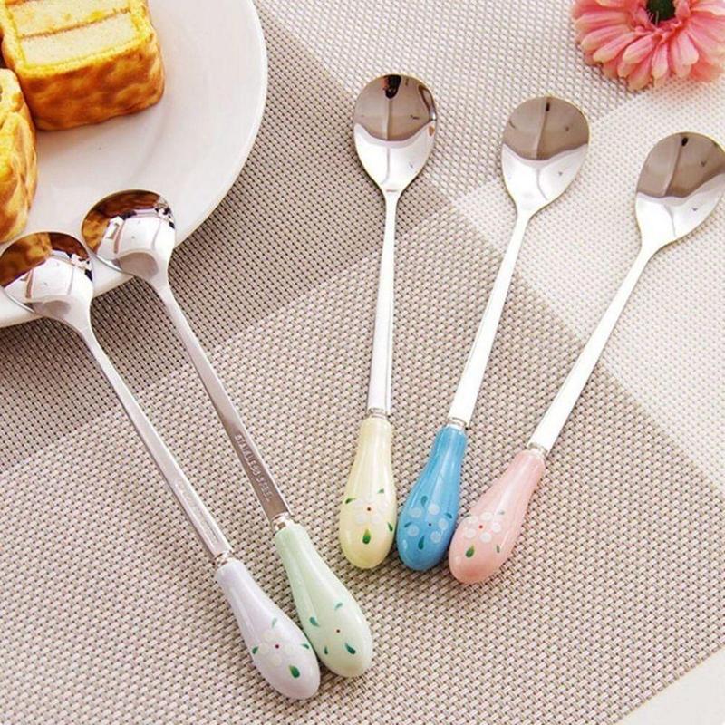 Colorful Floral Ceramic Handle Spoon With Long lasting Stainless ...