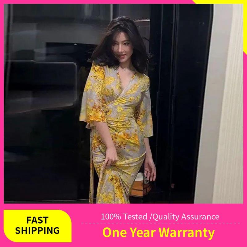 Gaun Slim-Fit, Gaya Perancis Musim Panas, Leher V Elegan, Bercetak ...
