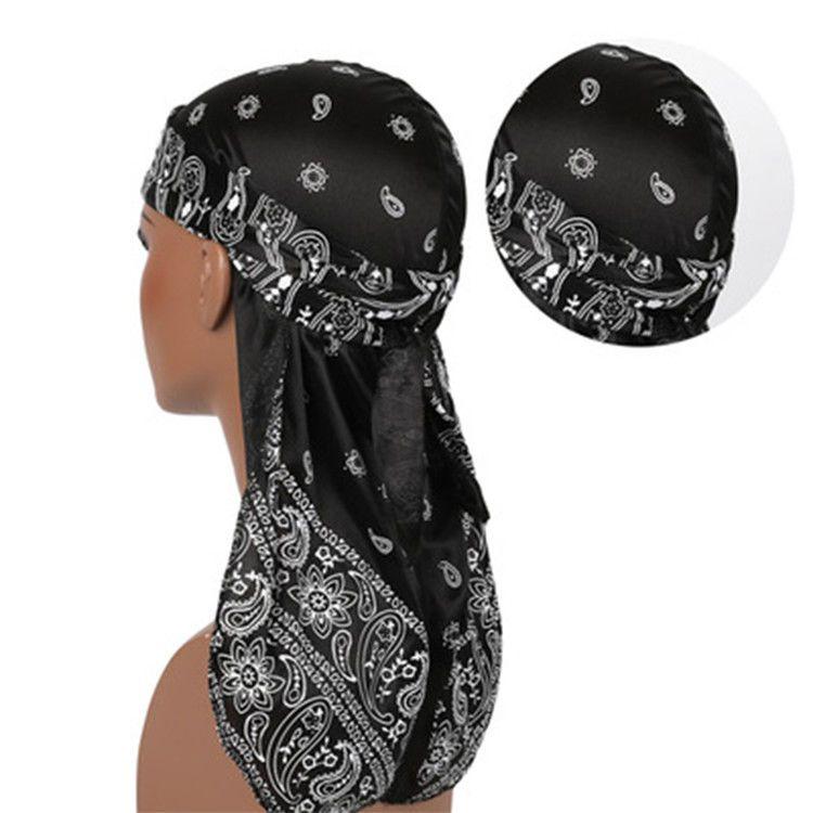 Durag bandana print long-tail cap-hip-hop style adjustable headwrap ...