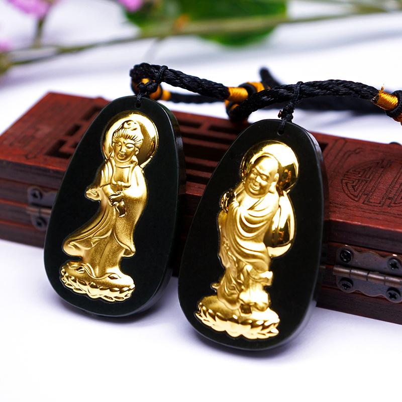 Gold Inlaid Jade Obsidian Guanyin Buddha Pendant Thick Gold Jade ...