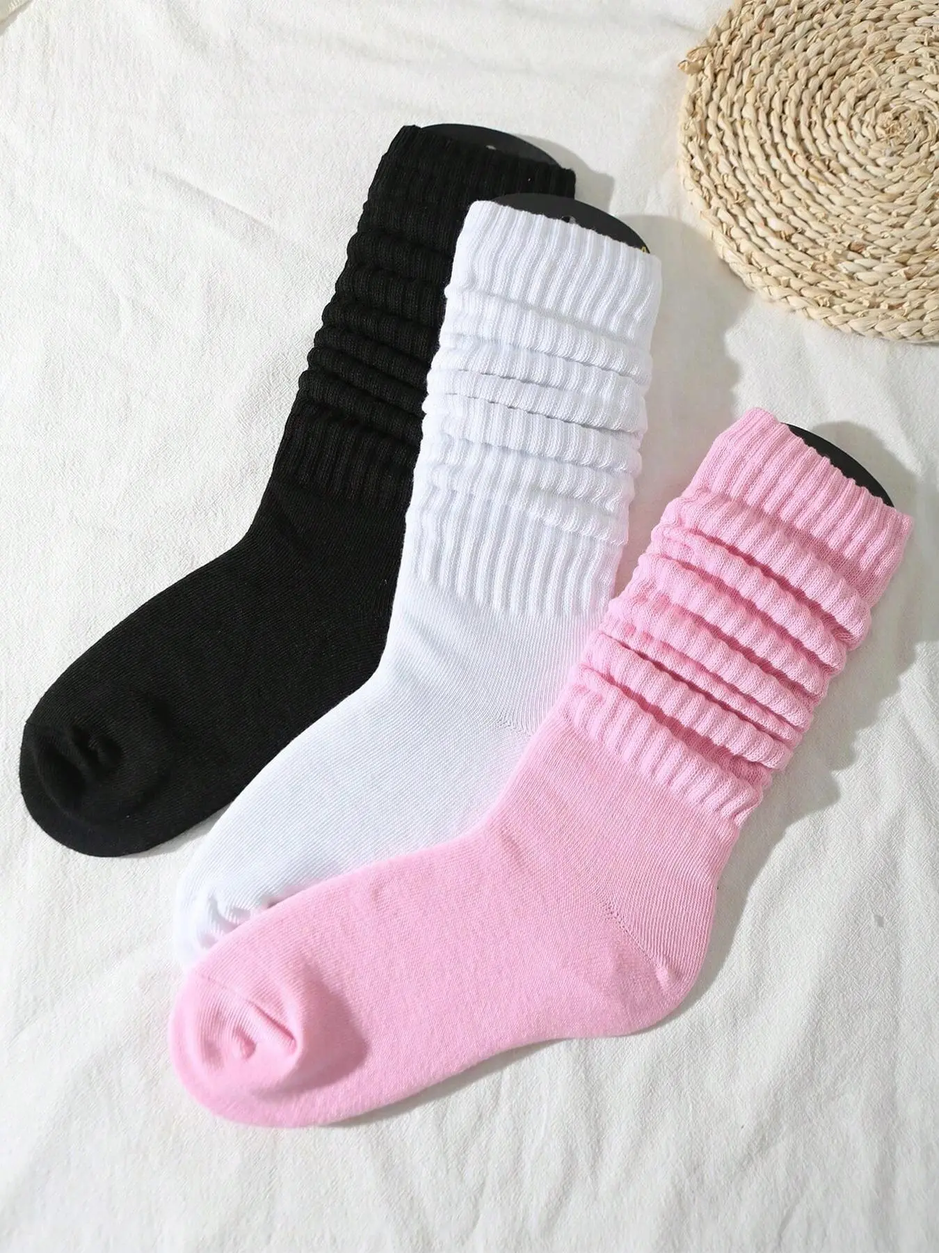Women's 3 Pairs Vertical Striped Print Crew Socks, Solid Color Soft ...