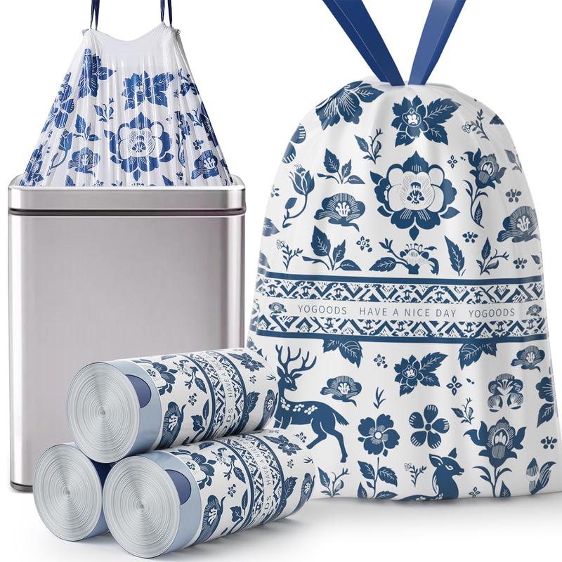 13 Gallon Drawstring Rip-Proof Trash Bags, Blue and White Porcelain ...