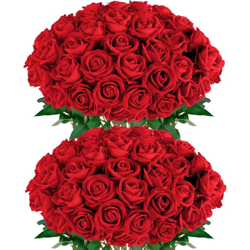 Red Roses Artificial Flowers 50 Pack in Bulk, Fake Roses Flowers Realistic Roses for Wedding ...