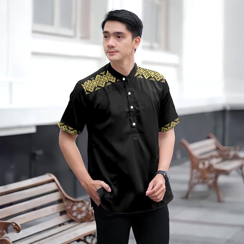 Kemeja Bercetak Kasual, Untuk Lelaki, Kolar Berdiri Moden, Lengan ...