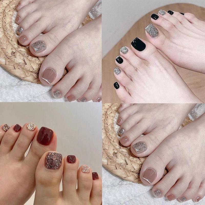 24pcs French Fake Toenails Glitter Full Cover Short Square Toe - TikTok ...