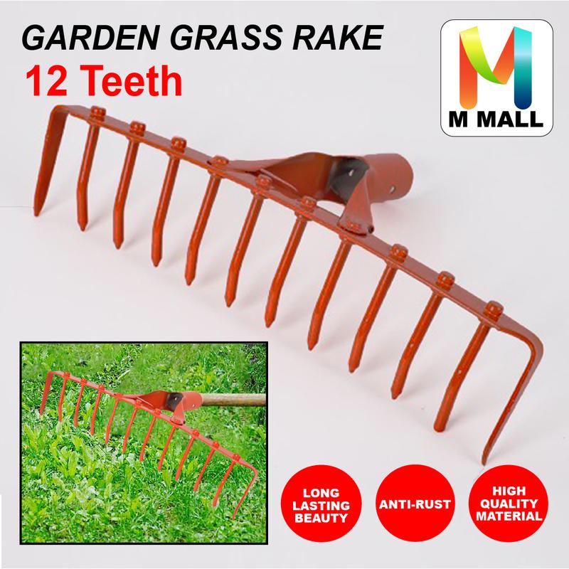 M MALL HEAVY DUTY 12 TEETH IRON METAL STEEL RED GRASS RAKE CRAWLER ...