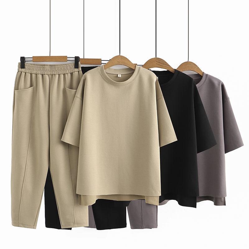 【45-150KG】Women Oversized Loose Short Sleeve Top + Cropped Harem ...