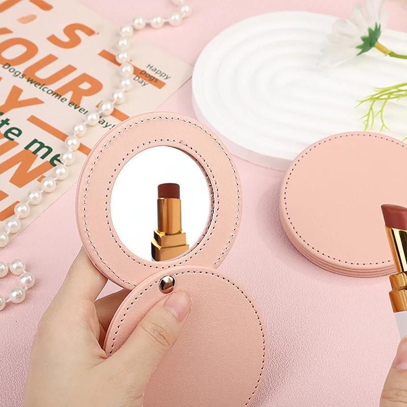 Round Mirrors PU Leather Sleeve Mini Portable Makeup Mirror for ...