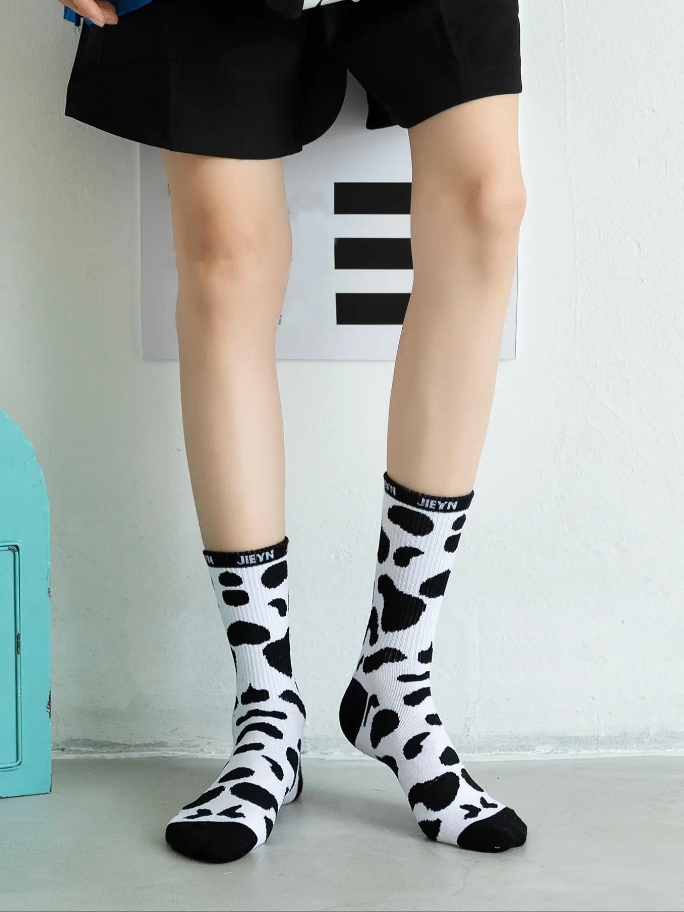 Women's 5 Pairs Cow Print Letter Binding Crew Socks, Casual Thick ...