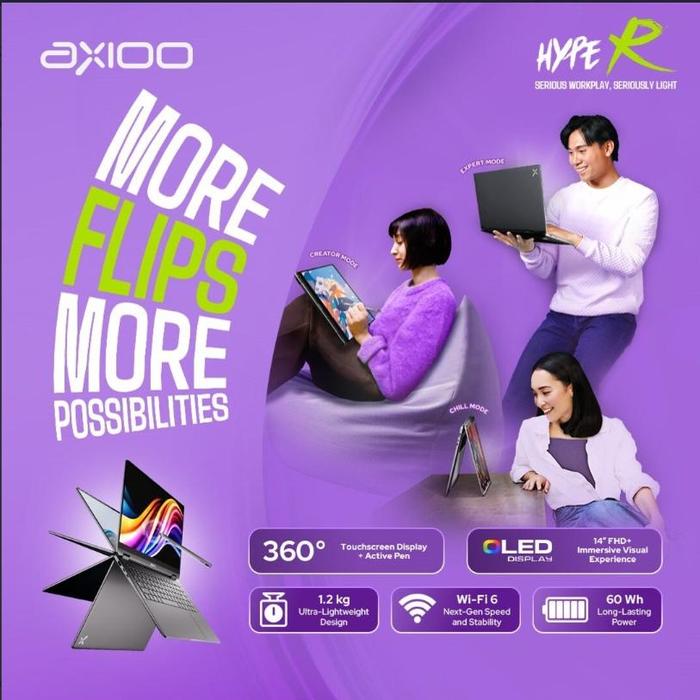 Promo Axioo Hype R5 FLIP OLED Touchscreen I5 1235U 24GB 512GBSSD 14inch ...