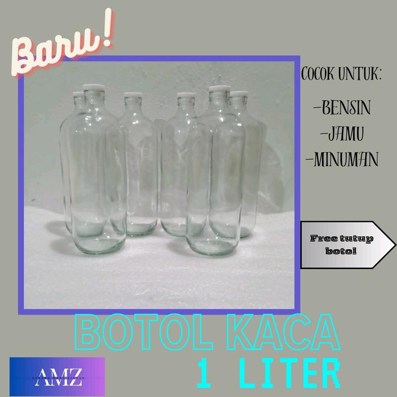 BOTOL BENSIN ECERAN UKURAN 1 LITER ( ISI 10 BOTOL DAN TUTUP) Kaca ...