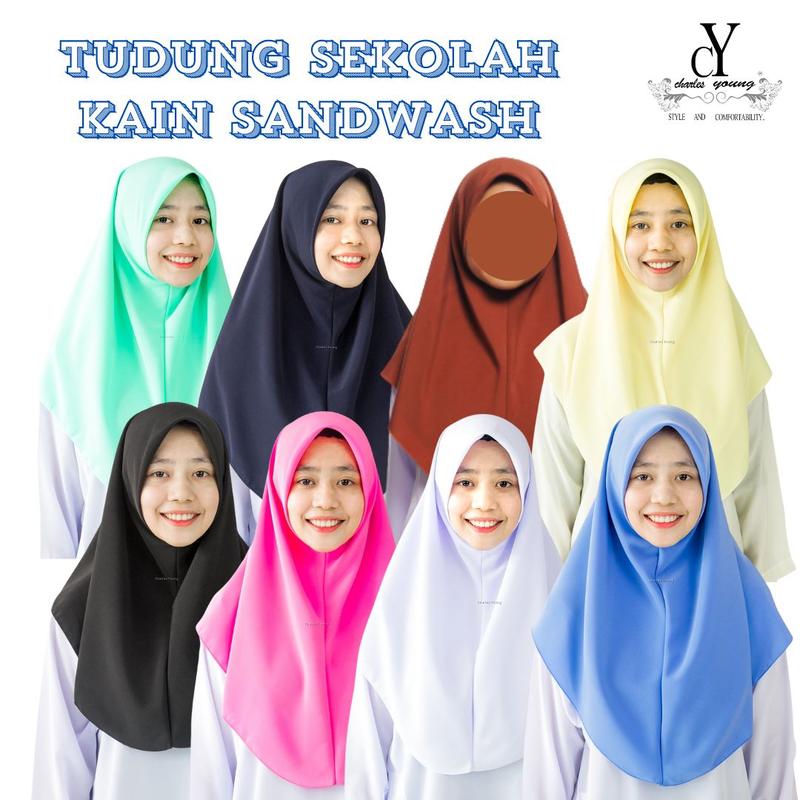 Tudung Sekolah Dua Lapisan, Cy A1010, Kain Licin, Sandwash Hitam ...