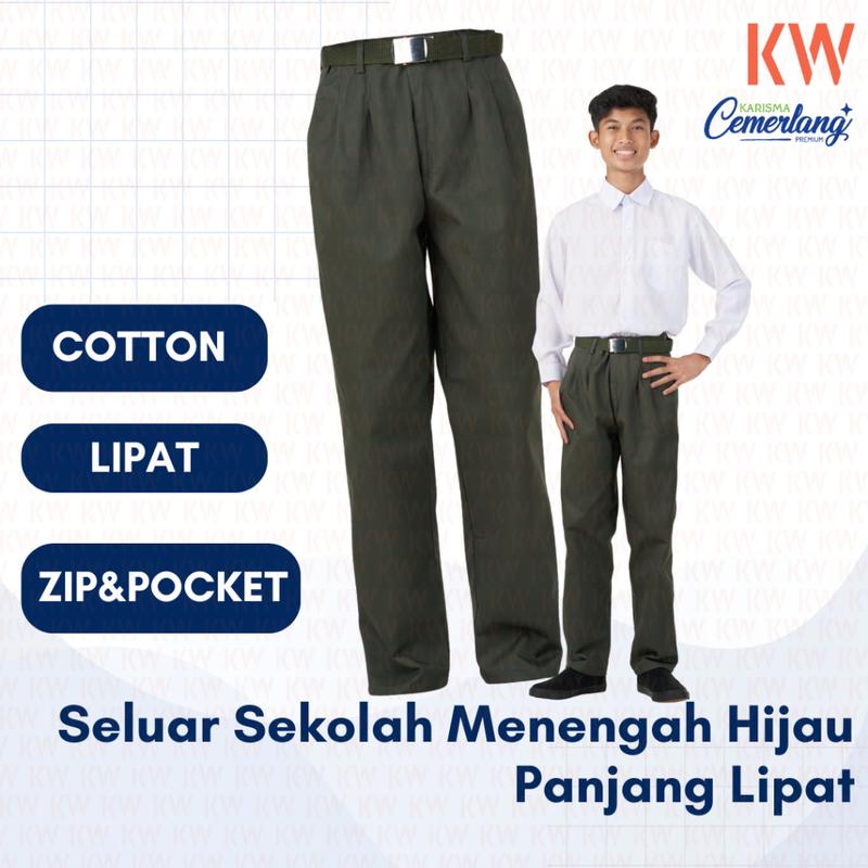 KC SELUAR SEKOLAH Menengah PANJANG LIPAT Hijau WITH ZIP AND POCKET ...