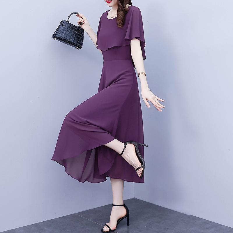 Kesan-Gaun sifon Korea yang elegan untuk wanita, tunik lengan pendek ...