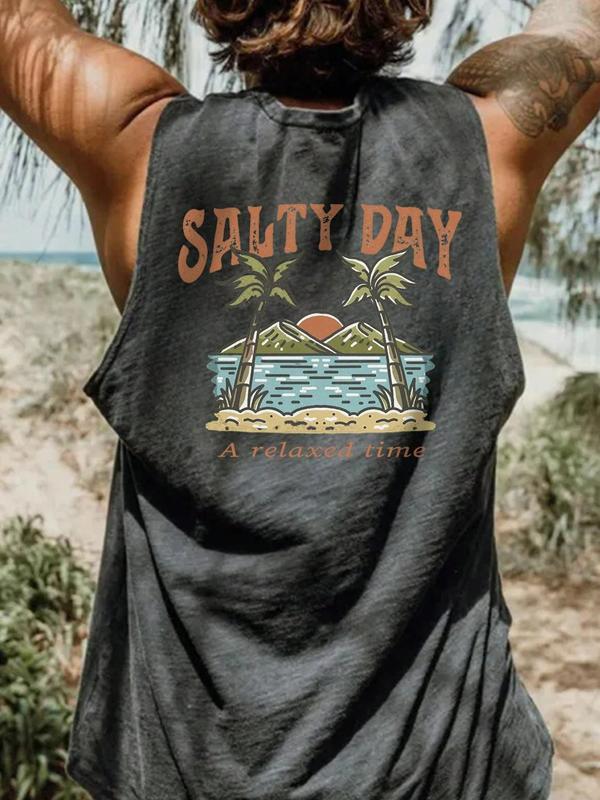 Men's Regular Fit Palm Tree & Mountain Print Tank Top, Casual Street ...