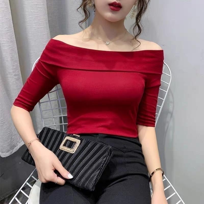 Baju-T Kolar Bahu Luar Bahu, Slim-Fit, Seksi, Pakaian Rajut Bergaya ...