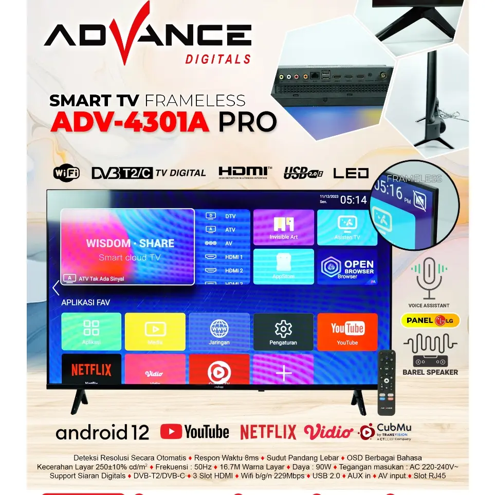 Advance ADV-4301A PRO Smart Televisi Frameless - Android TV 12 HD Panel ...