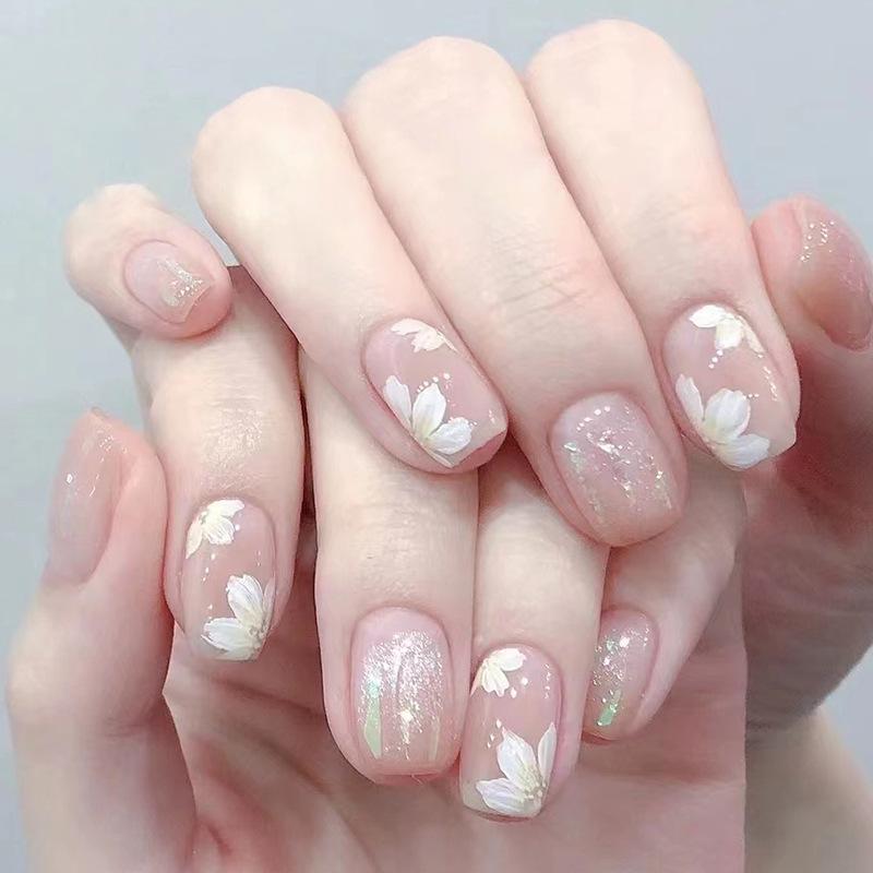 [With Jelly Sticker] Iced Tranparent Camellia Green Fake Nails - TikTok ...