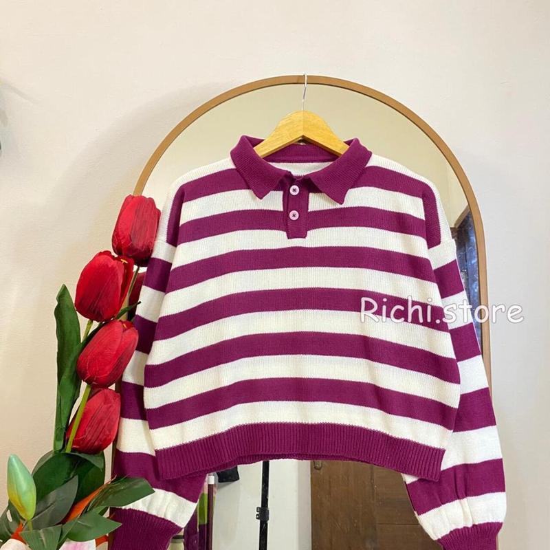 WANDA POLO BLOUSE RAJUT MOTIF GARIS Baju Crop - Shop | Tokopedia
