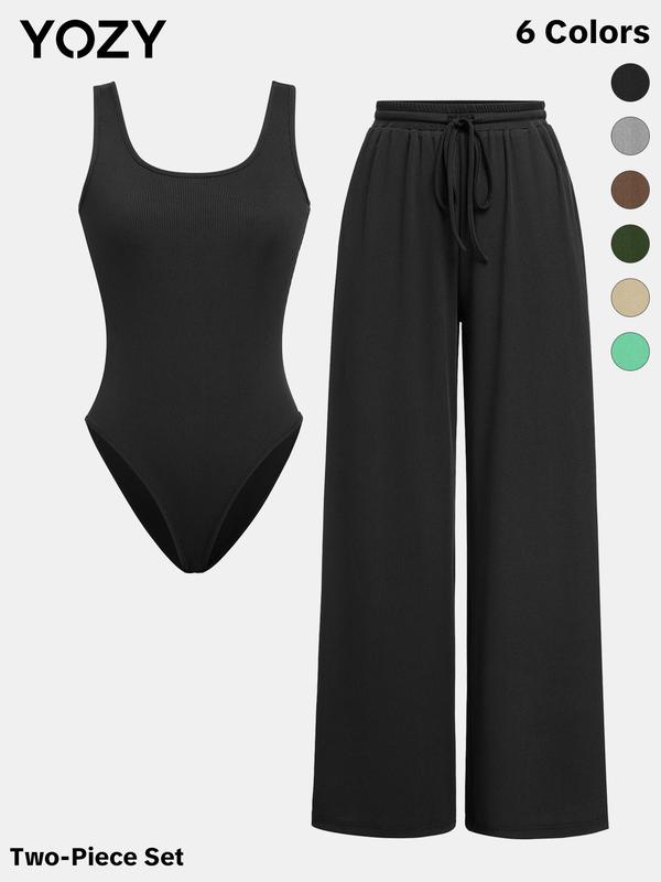 Yozy Plain Ribbed Tank Bodysuit & Drawstring Waist Pants Set - TikTok Shop