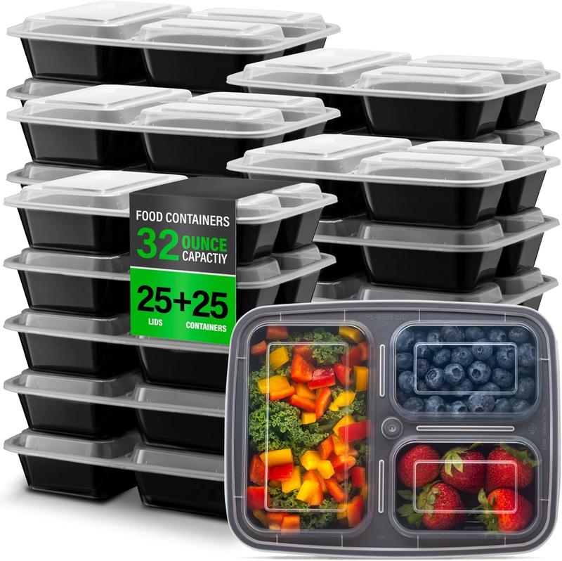 25 Pack 32oz 3 Compartment Meal Prep Containers with Lids - Storage ...