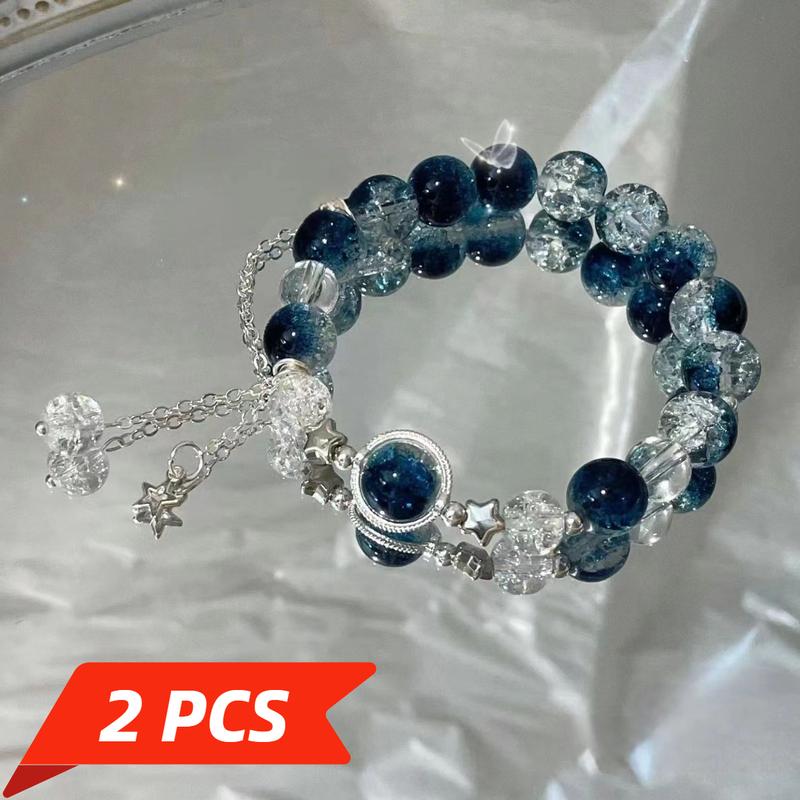 Gelang Manik Biru, Reka Bentuk Mudah, Set 2 Keping, Untuk Wanita ...