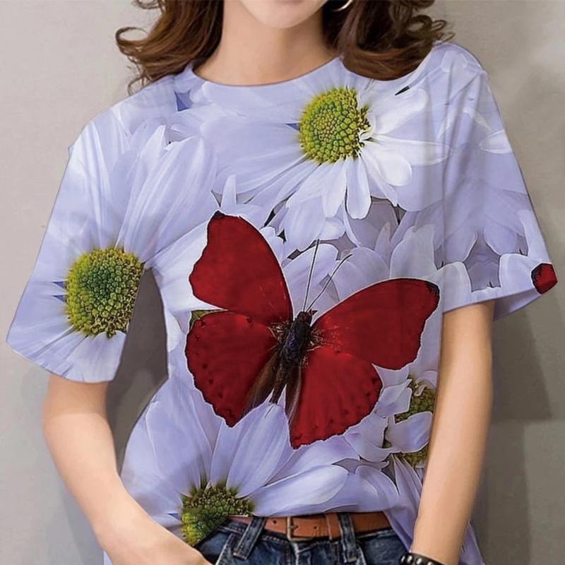 Kemeja-T Lengan Pendek, untuk Wanita, Cetakan Rama-rama, Baj - TikTok ...