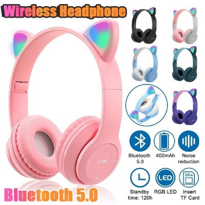 P9 Cat Ear Bluetooth Headphone LED RGB Light Cute Wireless Headset ...