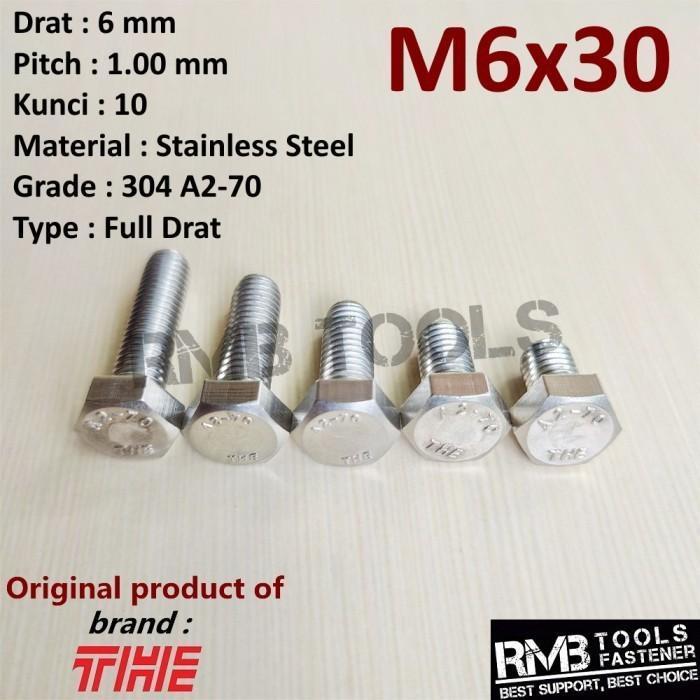 Jual M6x30 Baut Hex Stainless Steel 304 Grade A2-70 Pitch 1.00 Kunci 10 ...