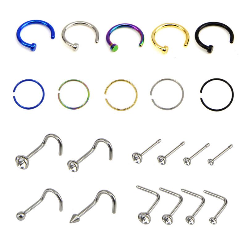 22PCS/Set Fashion Stainless Steel C-type 7-shaped Nose Nail Nose ...